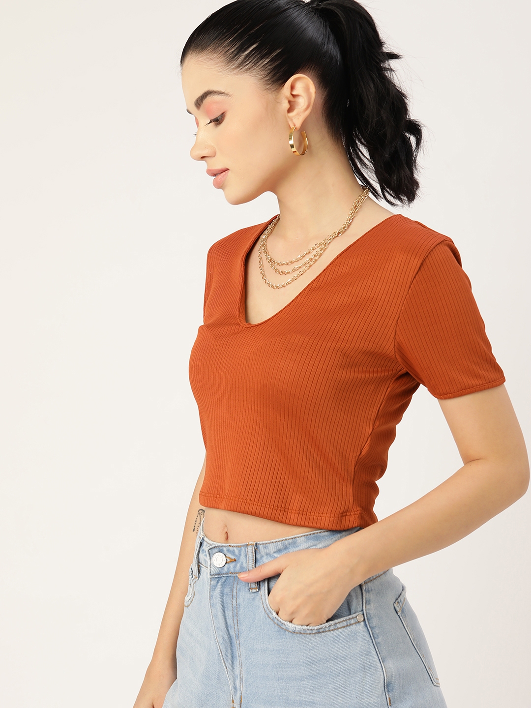 Buy Dressberry Rust Orange Solid Ribbed Knitted Crop Top Tops For