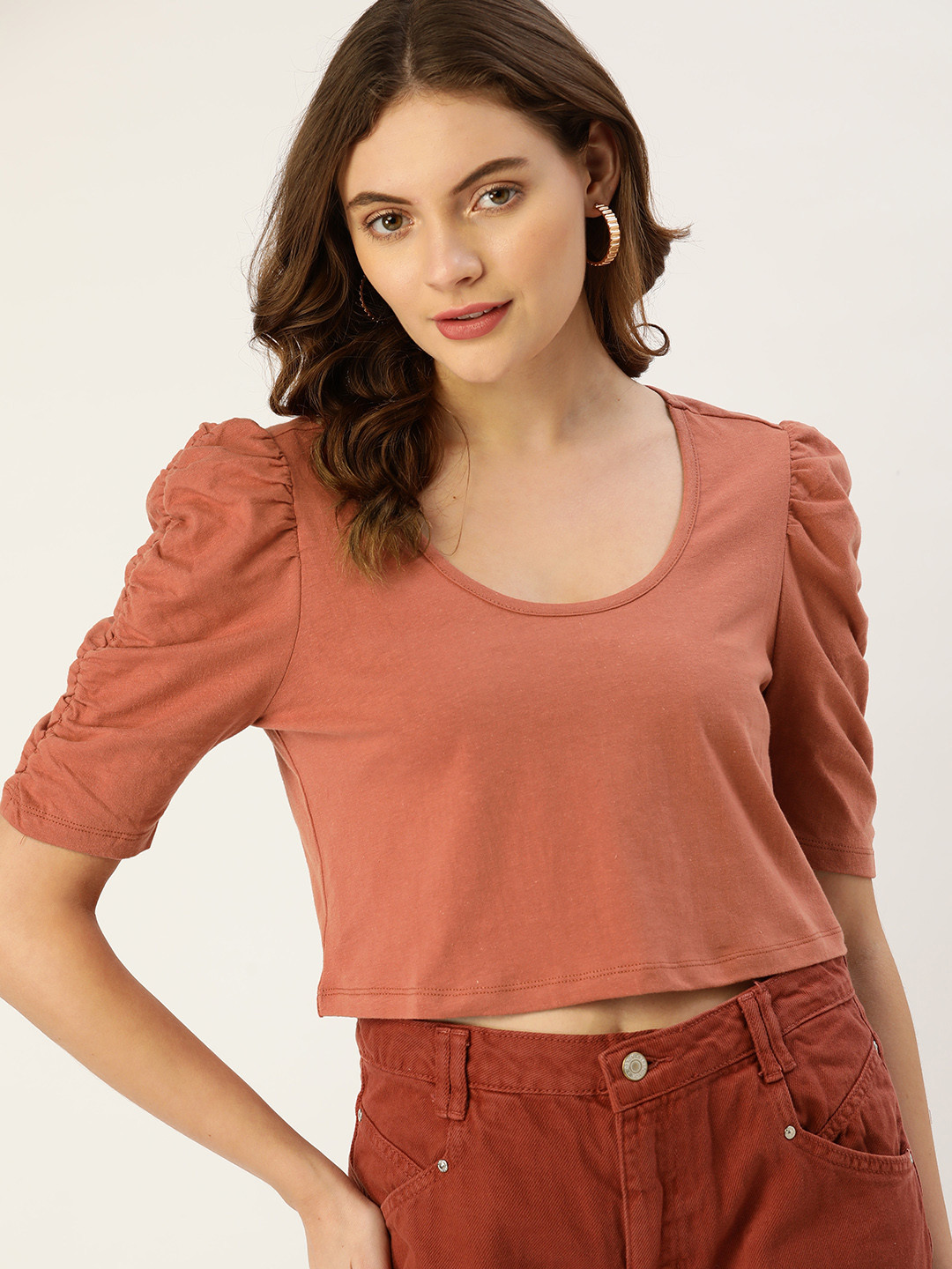 Buy DressBerry Women Rust Orange Puff Sleeves Pure Cotton Crop Top ...