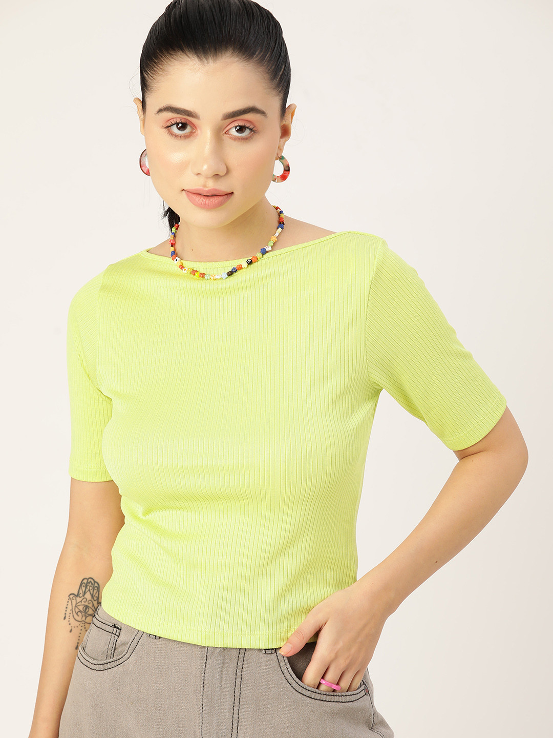 Buy DressBerry Women Lime Green Solid Boat Neck Fitted Top - Tops for ...