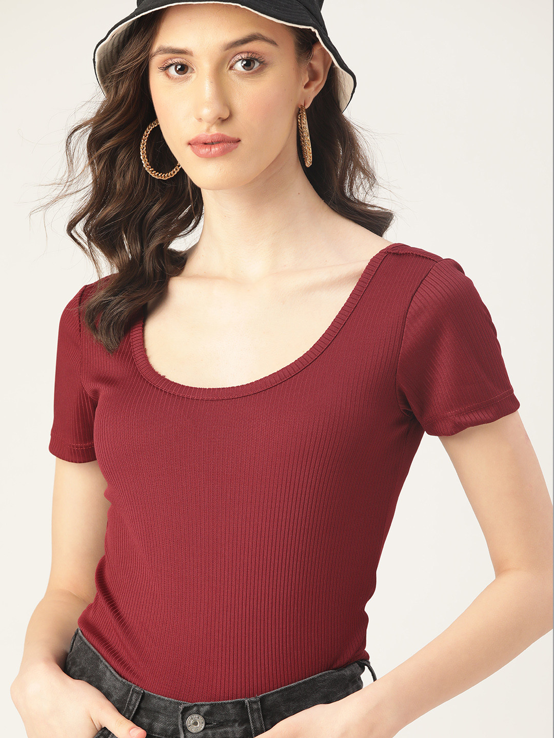 Buy DressBerry Women Maroon Solid Scoop Neck Regular Top - Tops for ...