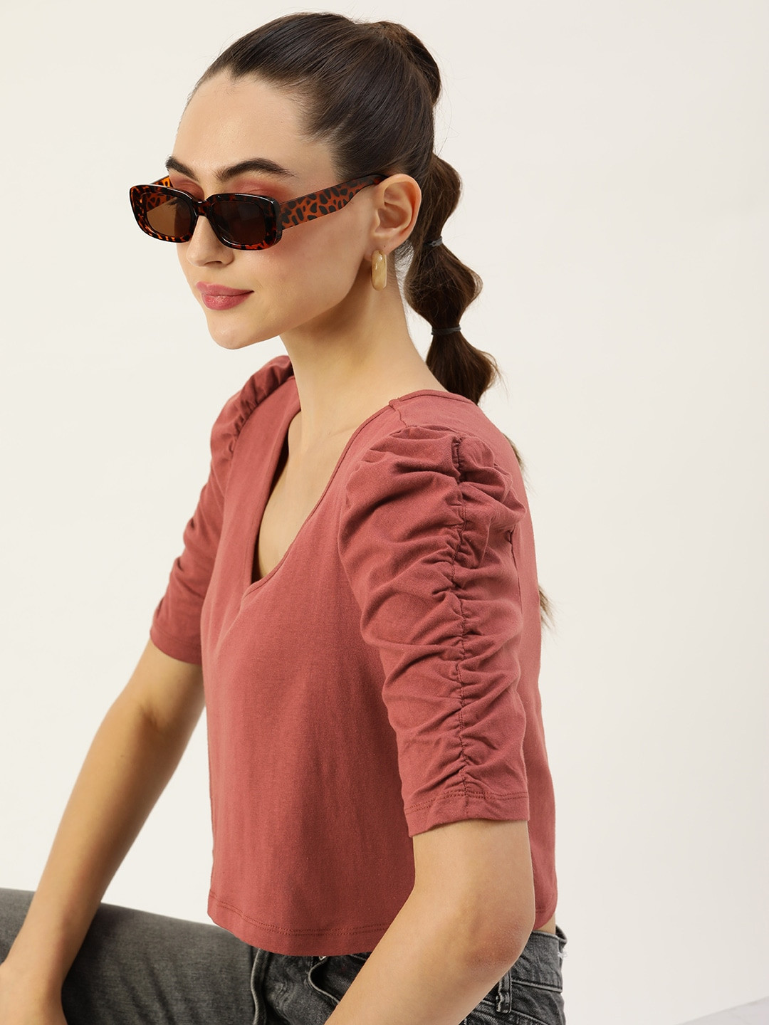 Buy DressBerry Women Rust Red Pure Crop Puff Sleeves Crop Top - Tops ...