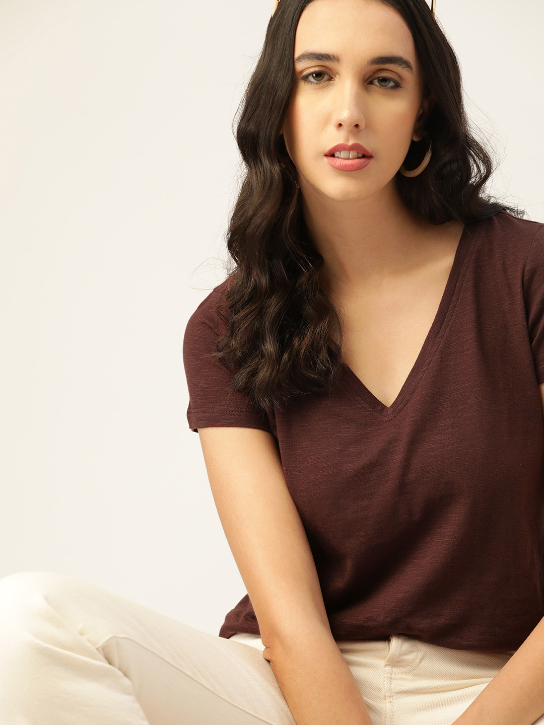 Buy DressBerry Women Coffee Brown Slub Effect V Neck Pure Cotton T ...