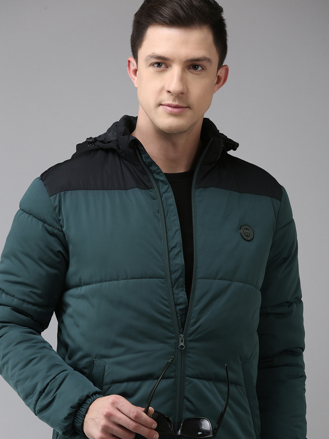 Buy U.S. Polo Assn. Men Teal Blue & Black Colourblocked Puffer Jacket ...