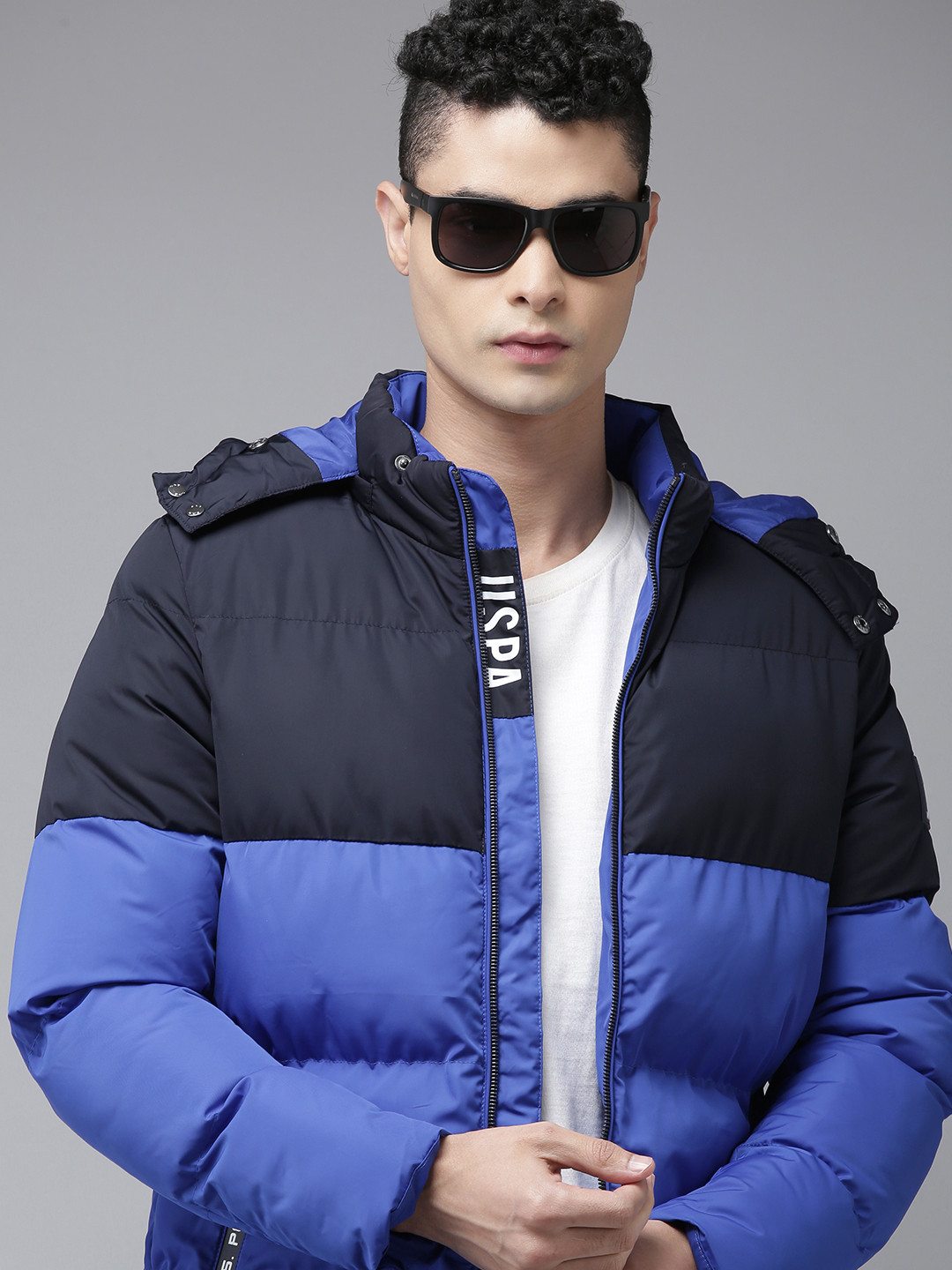 Buy U S Polo Assn Men Blue Colourblocked Hooded Puffer Jacket - Jackets ...