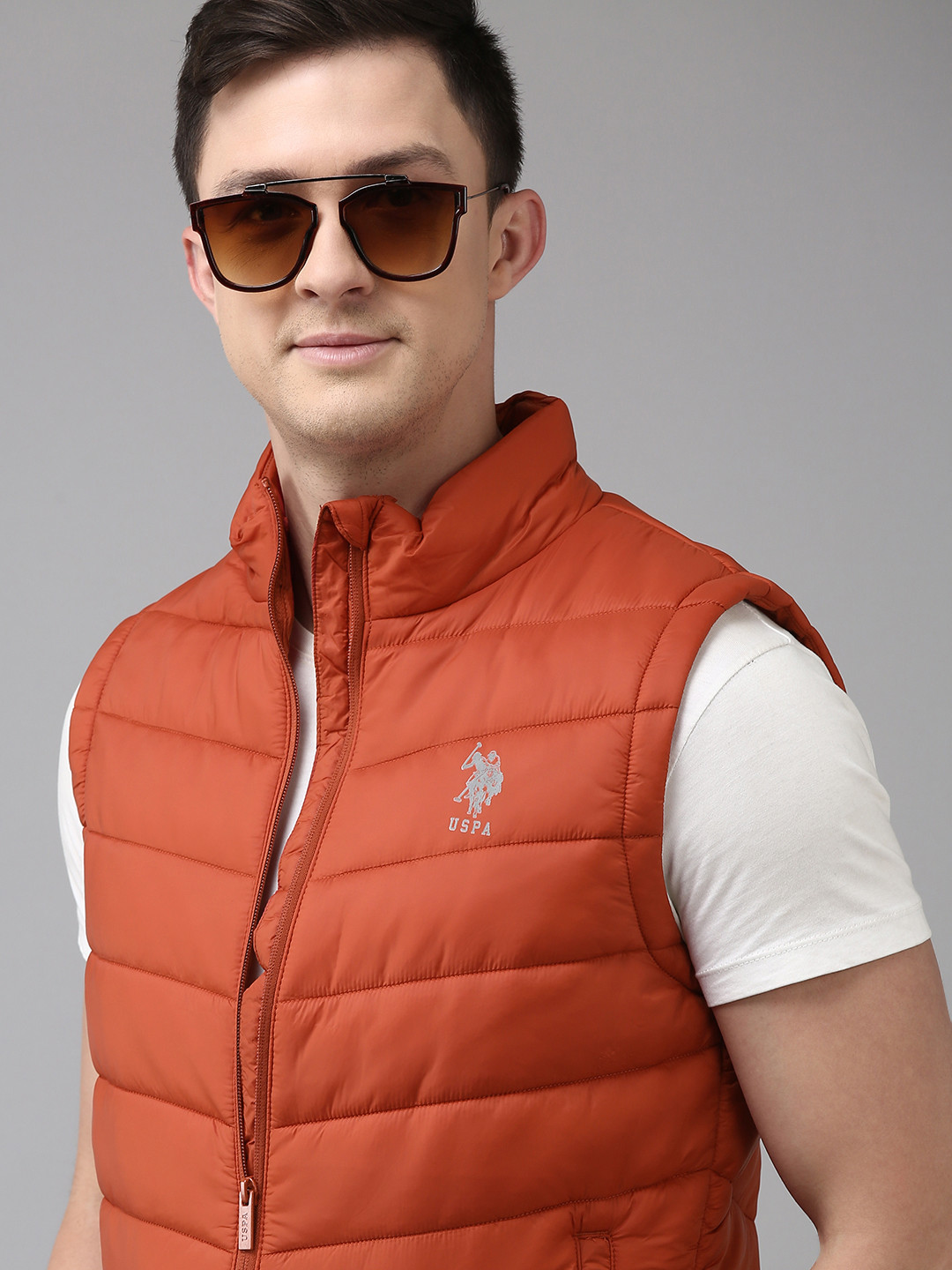 Buy U.S. Polo Assn. Men Rust Solid Brand Logo Detail Padded Jacket ...