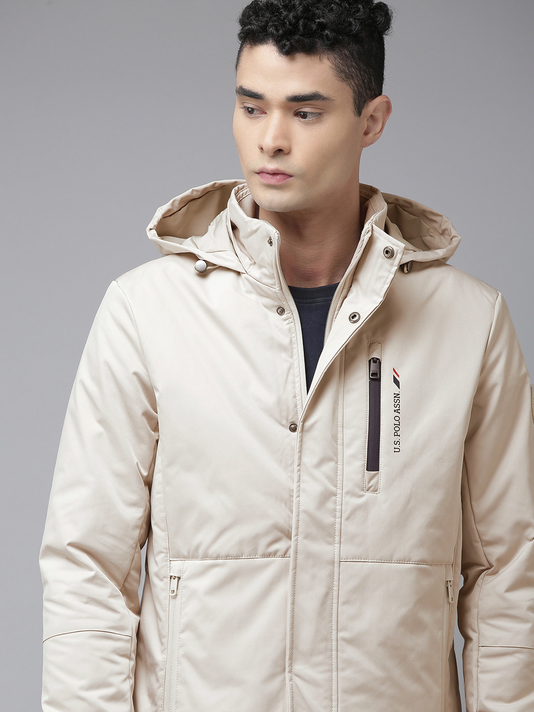 Buy U S Polo Assn Men Beige Solid Hooded Padded Jacket - Jackets for ...