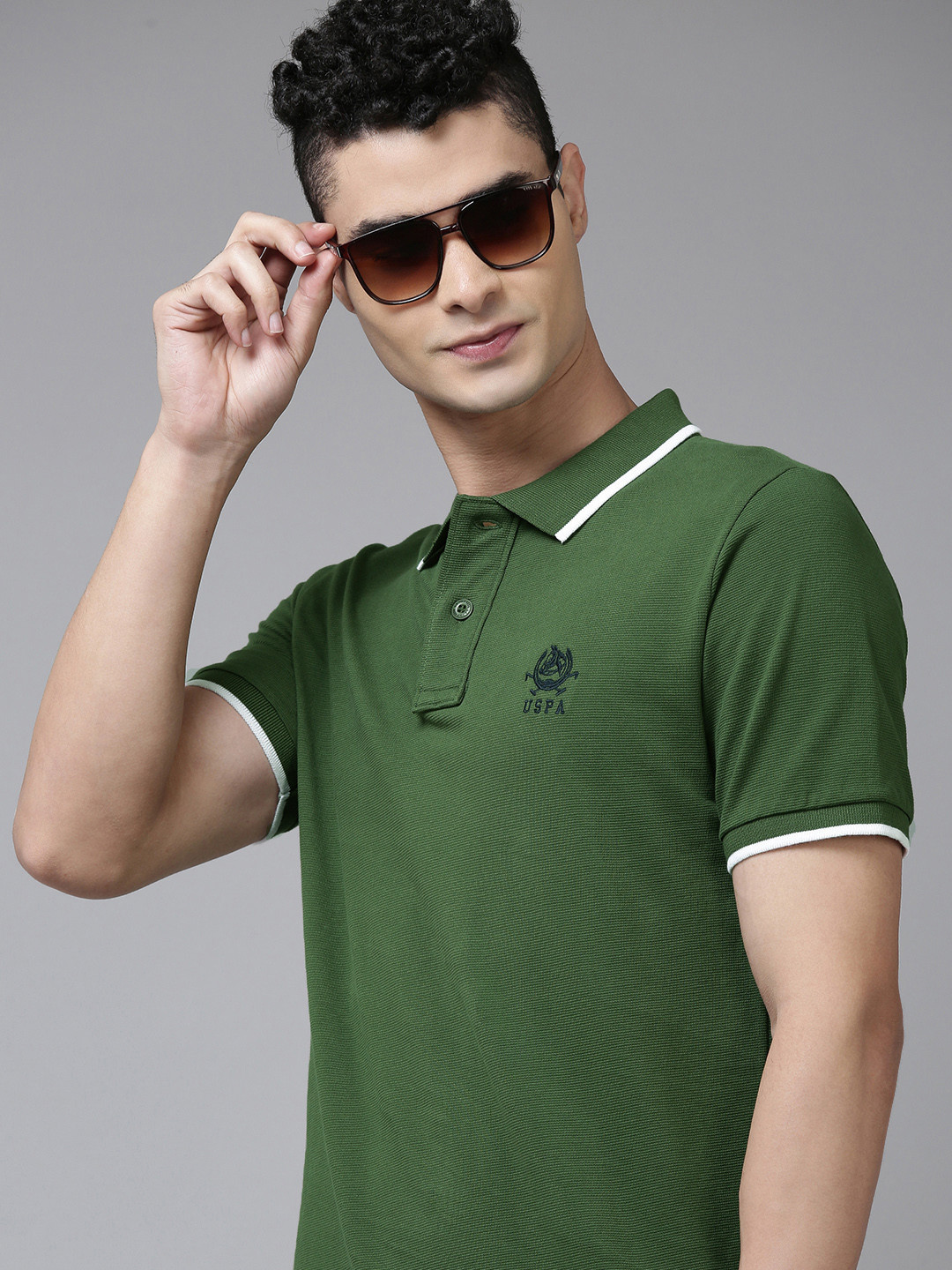 Buy U.S. Polo Assn. Men Olive Green Polo Collar Pure Cotton T Shirt ...