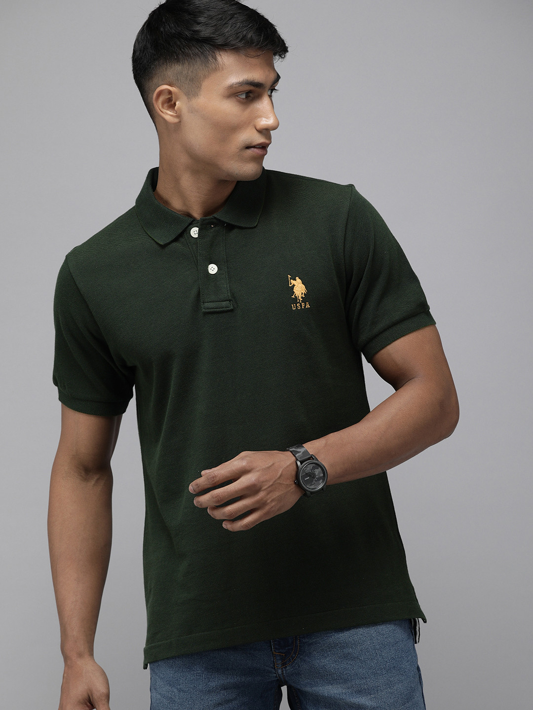 Buy U S Polo Assn Men Green Brand Logo Embroidered Pure Cotton Polo Collar Slim Fit T Shirt ...