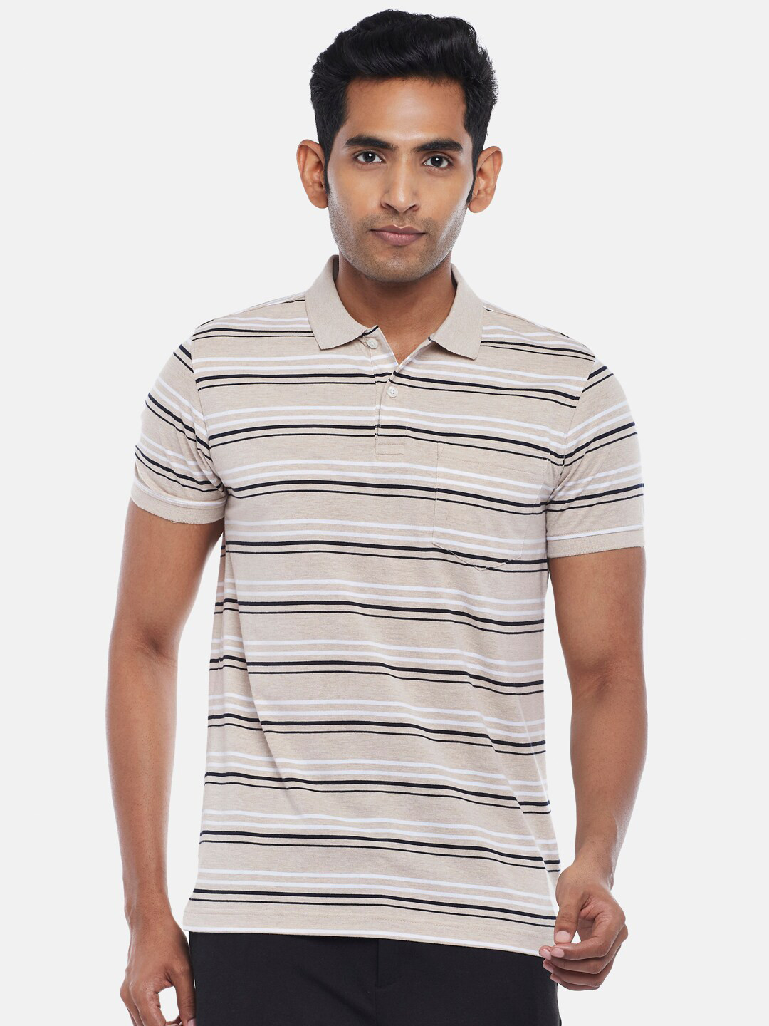 Buy BYFORD By Pantaloons Men Beige Striped Polo Collar Slim Fit T Shirt ...
