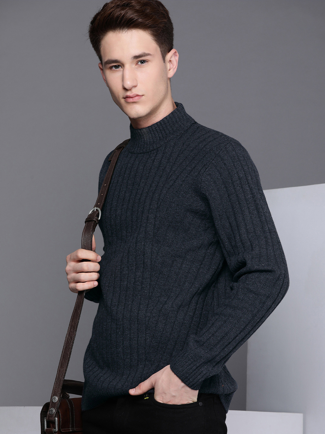 Buy Kenneth Cole Men Navy Blue Ribbed Pullover - Sweaters for Men ...