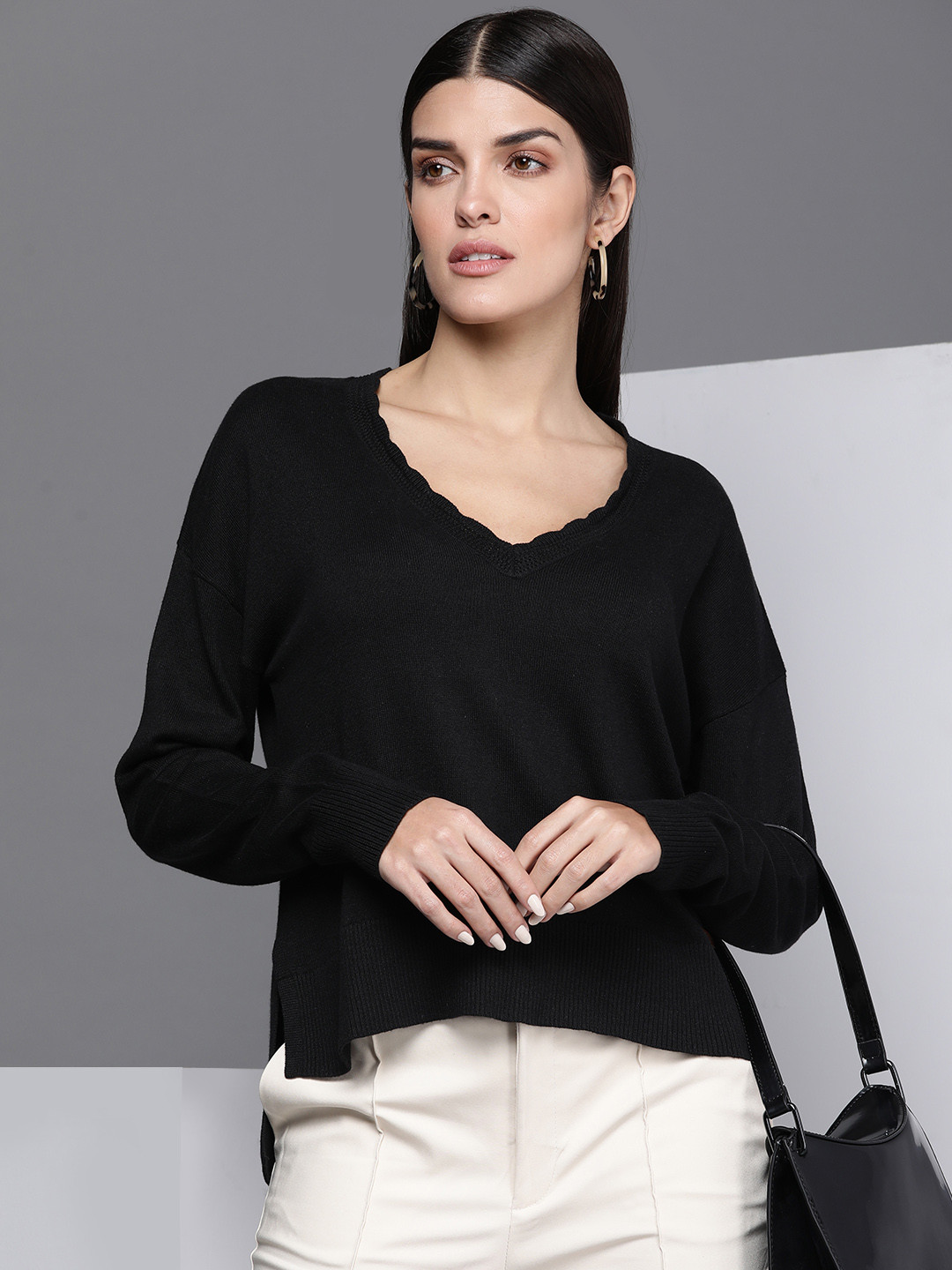 Buy Kenneth Cole Celerity Women Black Solid V Neck Pullover Sweater ...