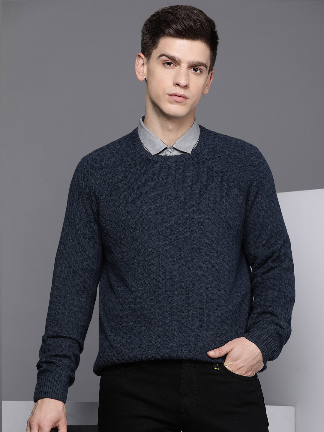 Buy Kenneth Cole Men Navy Blue Self Design Cable Knit Pullover Sweater ...