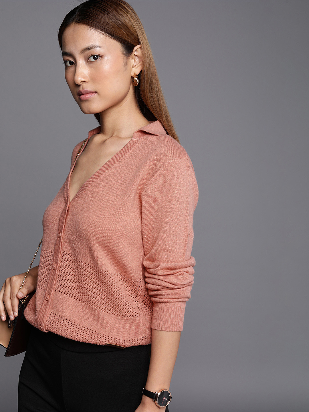 Buy Kenneth Cole Deft Women Peach Self Design Open Knit Cardigan ...