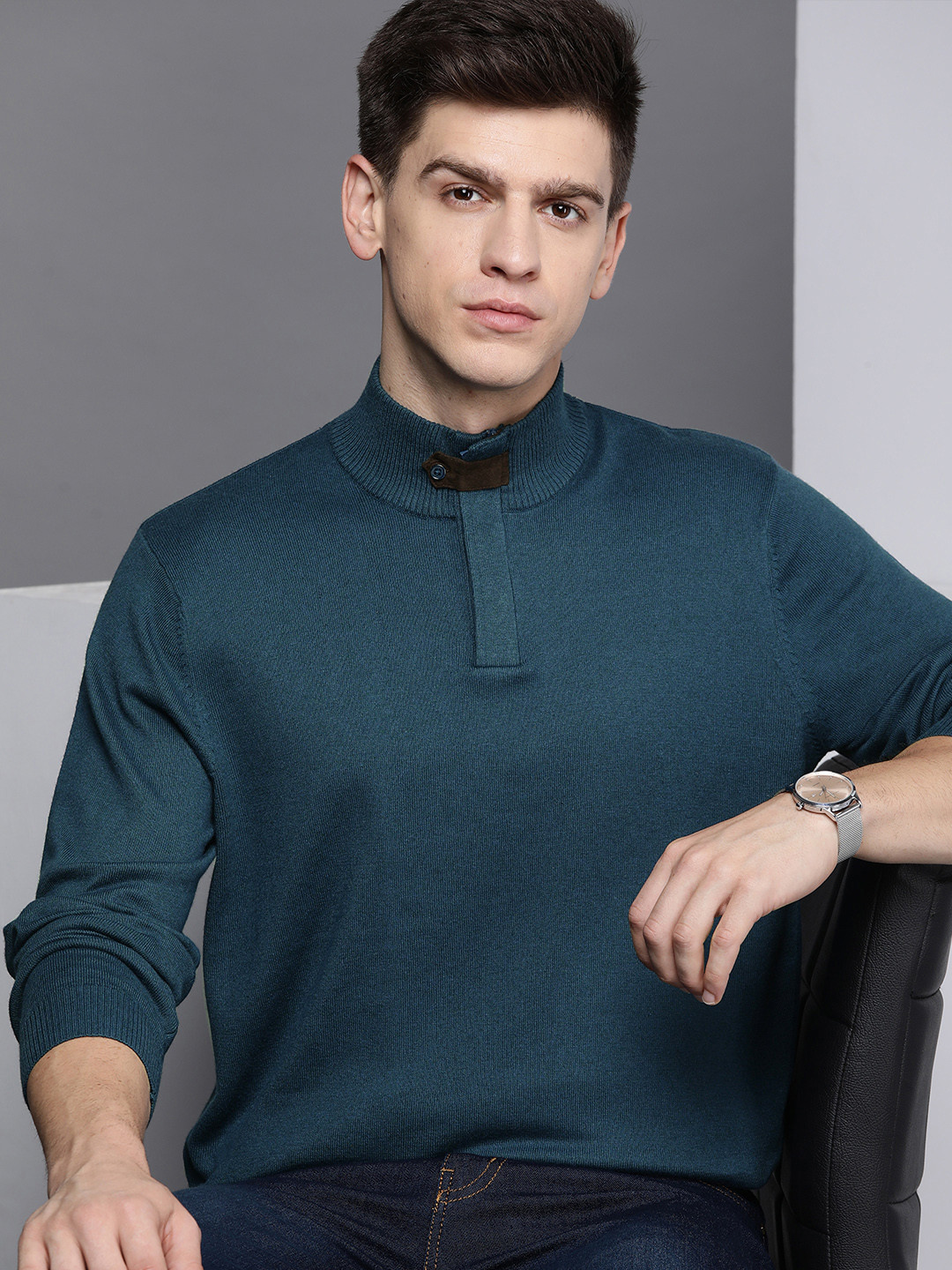 Buy Kenneth Cole Men Teal Green Solid Mock Neck Pullover Sweater ...