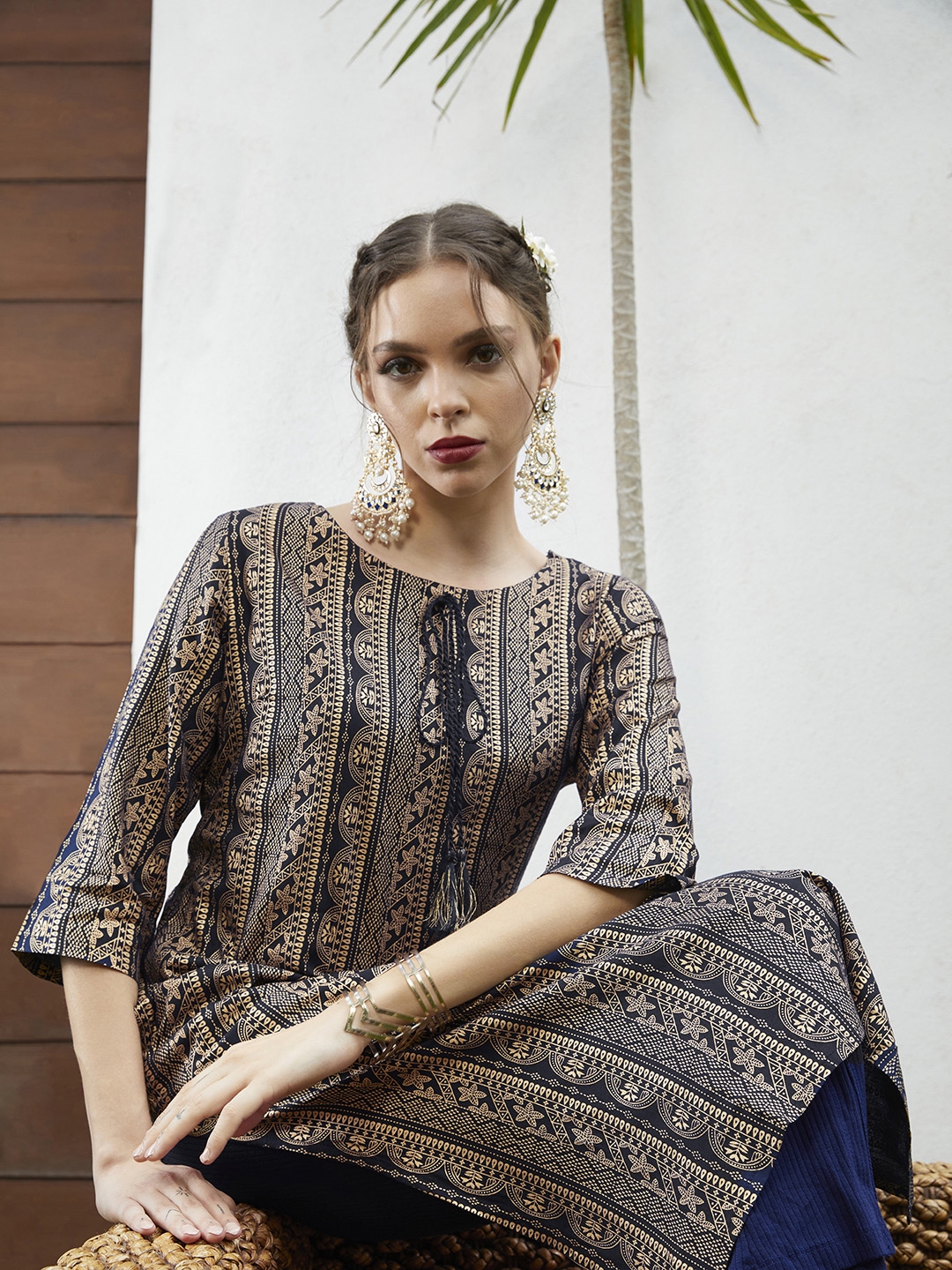 Buy Sangria Women Navy Blue And Gold Toned Ethnic Motifs Printed Kurta