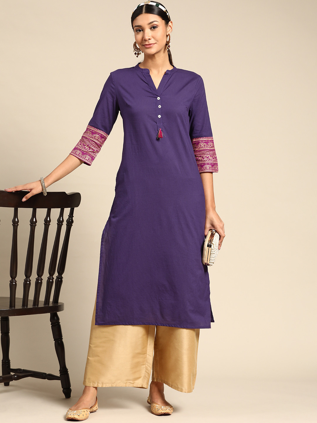 Buy Sangria Women Purple Mandarin Collar Cotton Kurta - Kurtas for ...