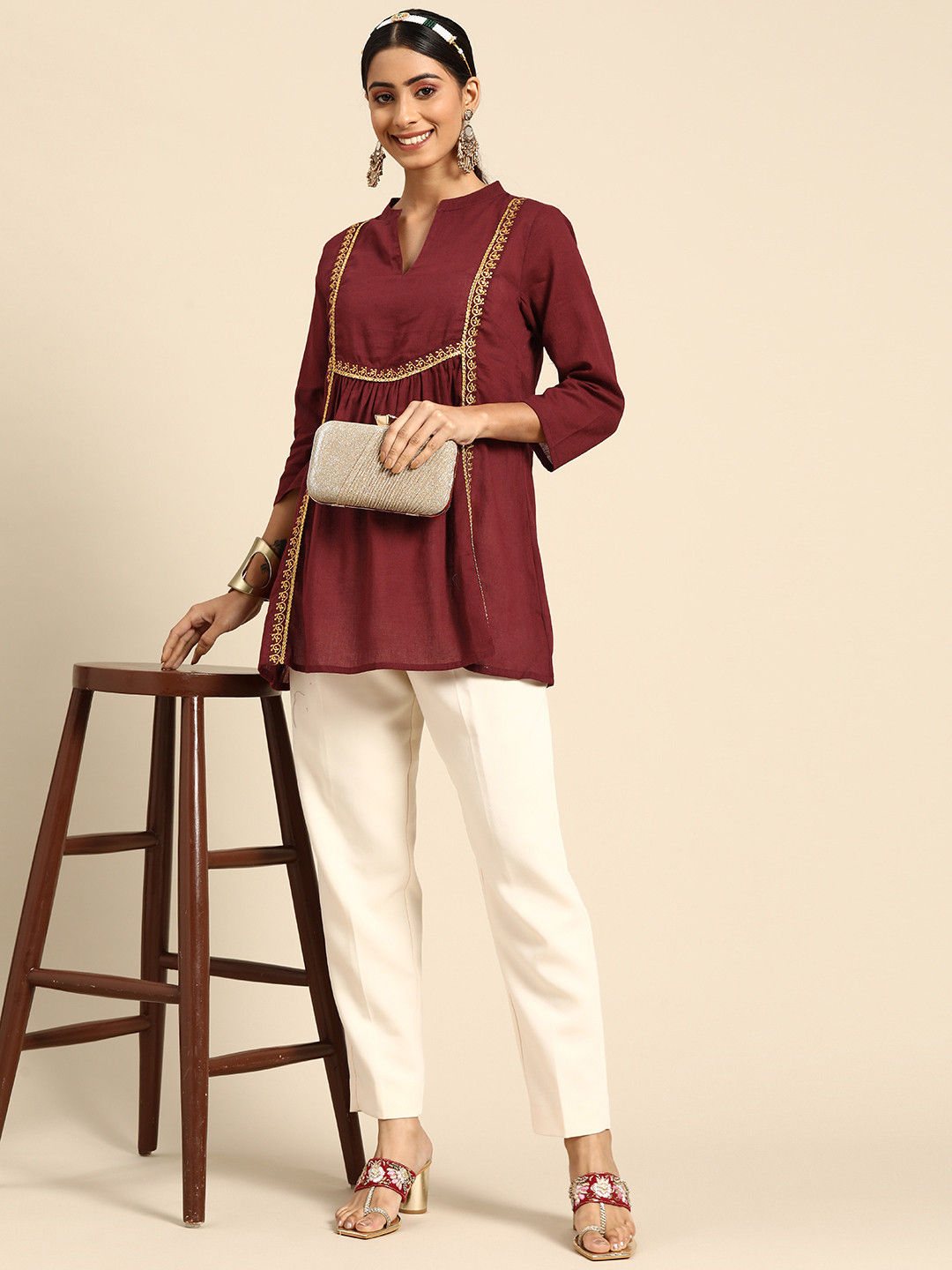 Buy Sangria Maroon & Golden Embroidered Pure Cotton Tunic - Tunics for ...