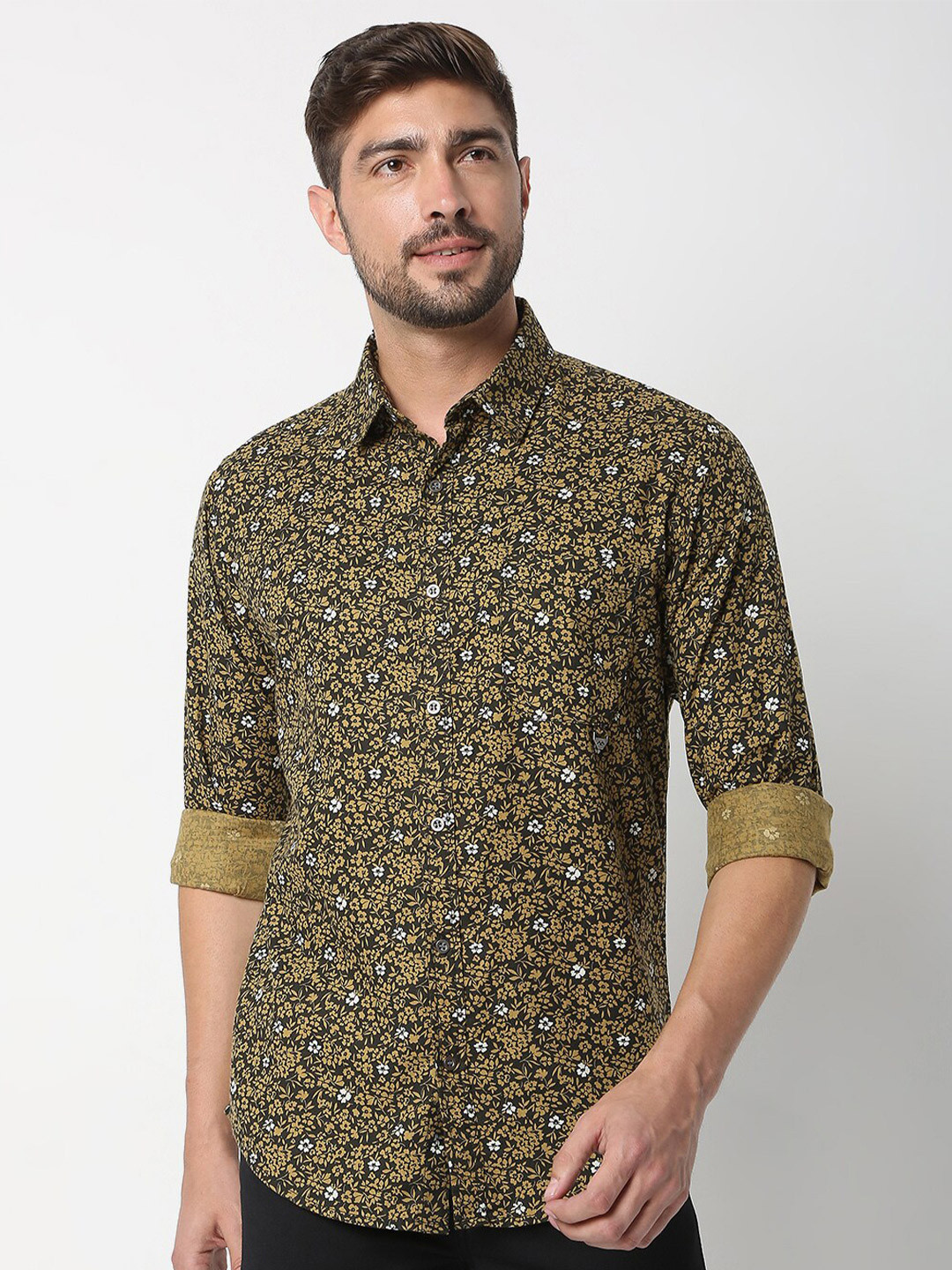 Buy Mufti Men Brown Classic Slim Fit Floral Printed Cotton Casual Shirt ...