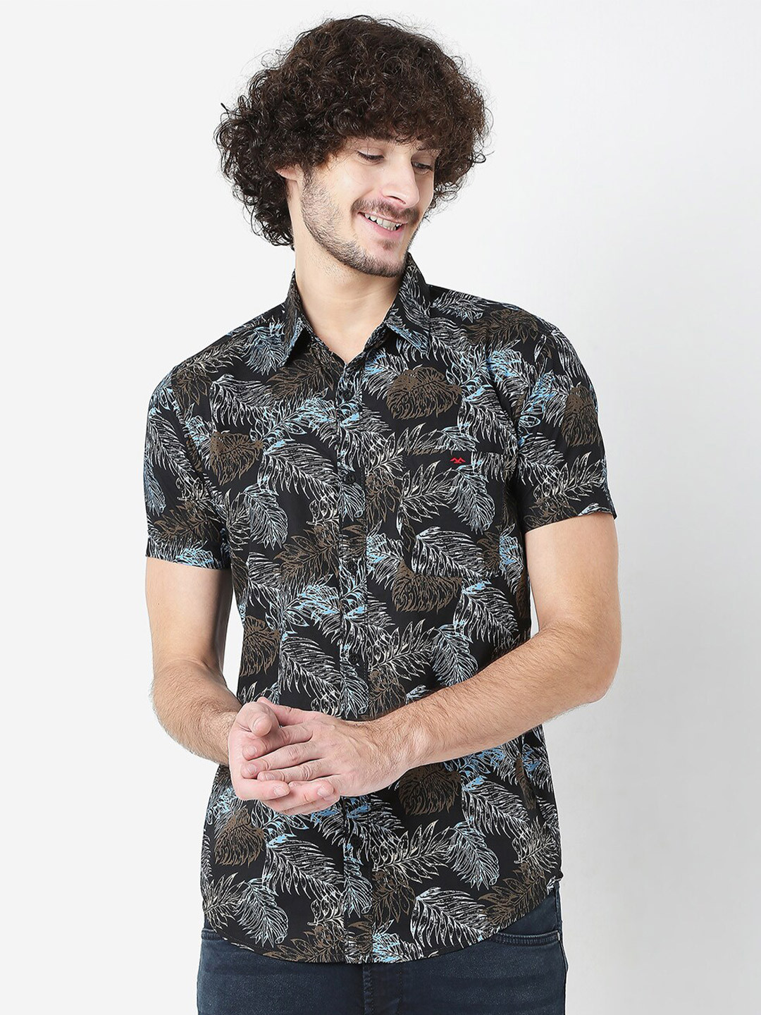 Buy Mufti Men Black Classic Slim Fit Floral Printed Cotton Casual Shirt ...