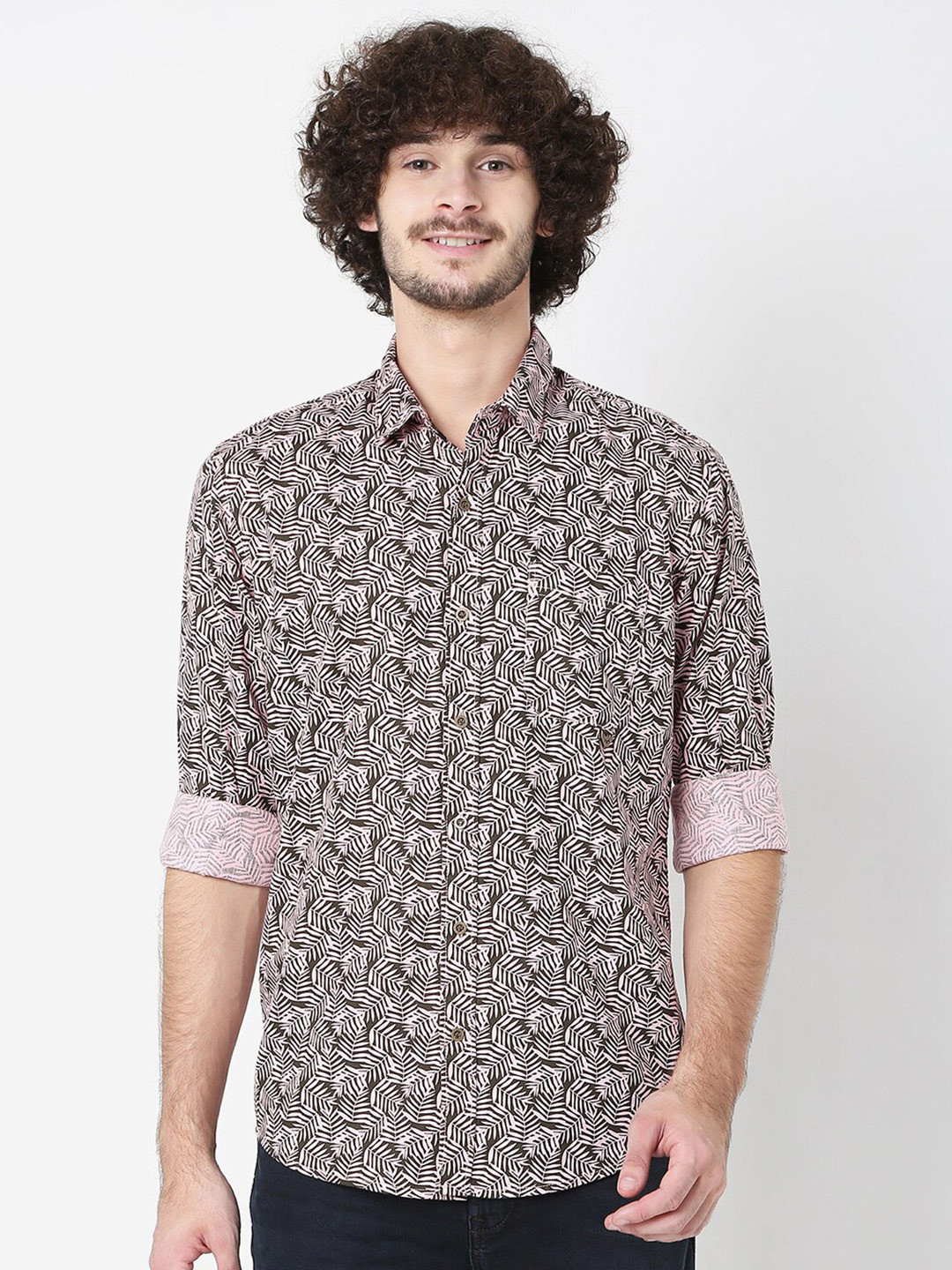 Buy Mufti Men Pink Classic Slim Fit Floral Printed Cotton Casual Shirt ...