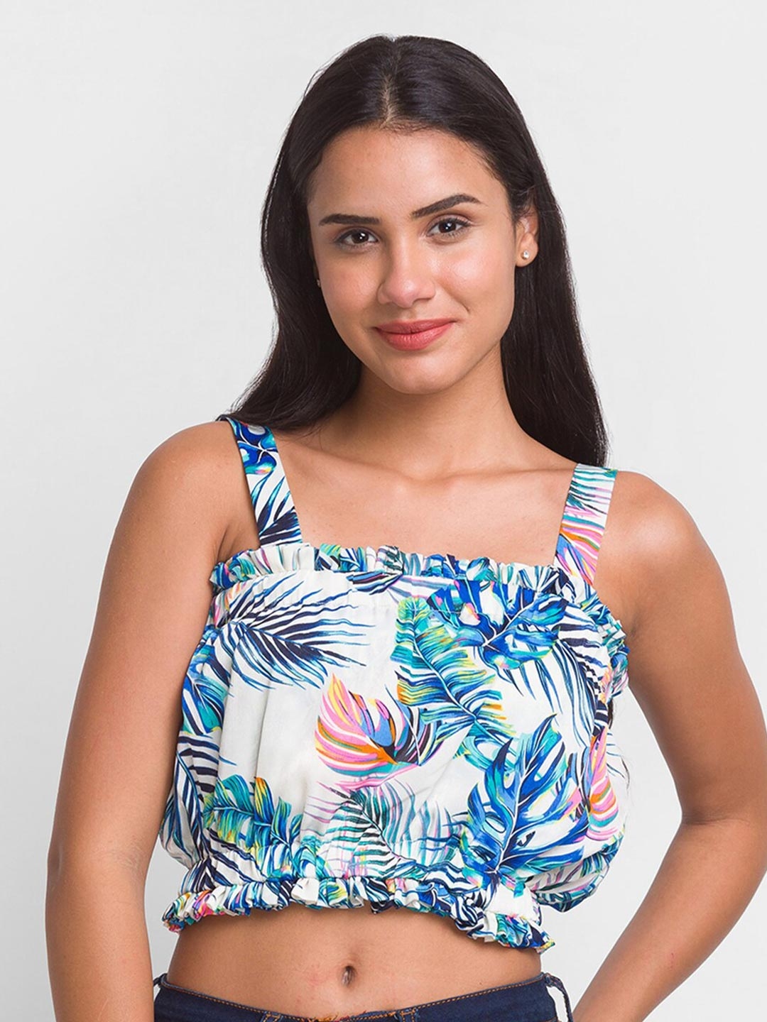 Buy Globus White And Blue Floral Print Crepe Crop Top Tops For Women