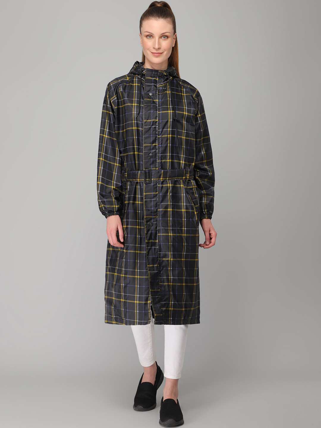 Buy THE CLOWNFISH Women Black Checked Waterproof Long Rain Jacket ...