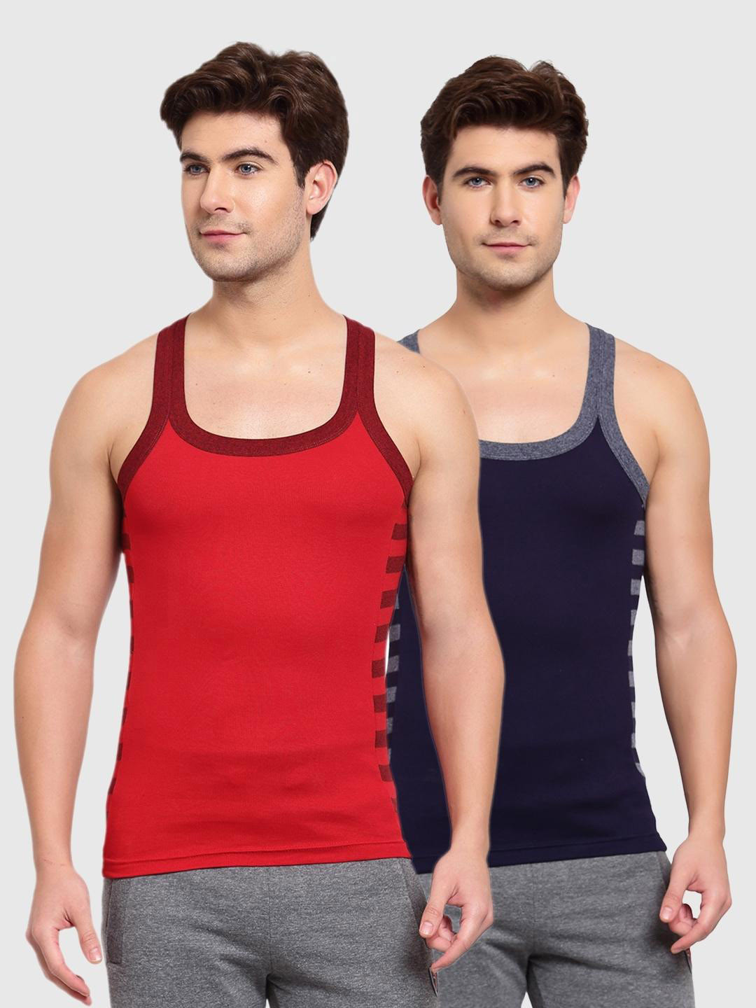 Buy SPORTO Men Pack Of 2 Red & Navy Blue Solid Cotton Innerwear Vests ...