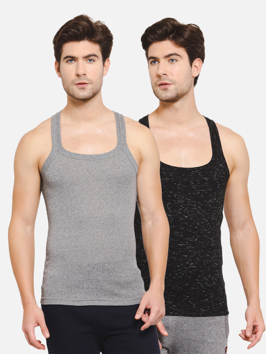 Buy SPORTO Men Pack Of 2 Grey & Black Solid Cotton Innerwear Gym Vests ...