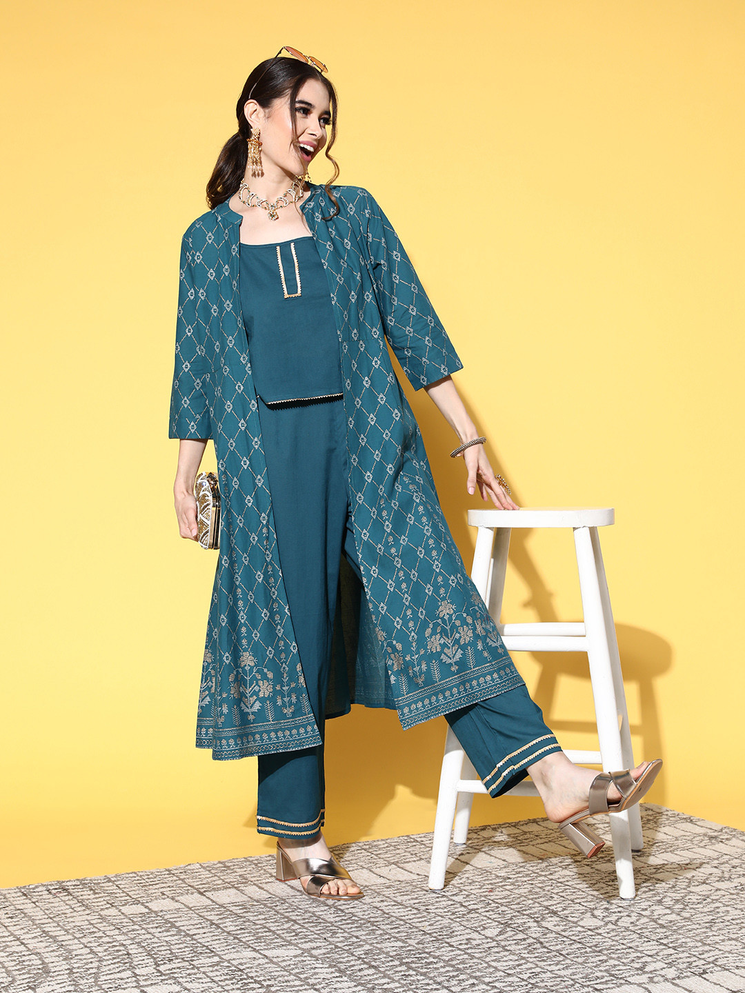 Buy Sangria Women Teal Green And Golden Ethnic Print Pure Cotton Gota Patti Detail Co Ords - Co ...