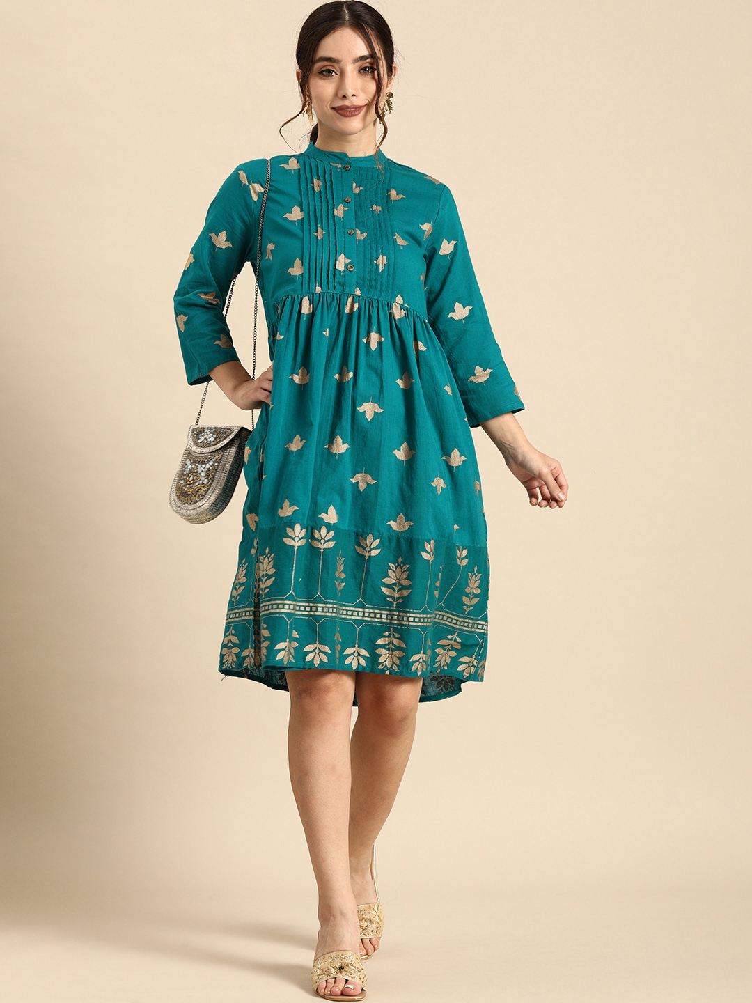 Buy Sangria Women Teal Green & Golden Pure Cotton Floral Print A Line ...