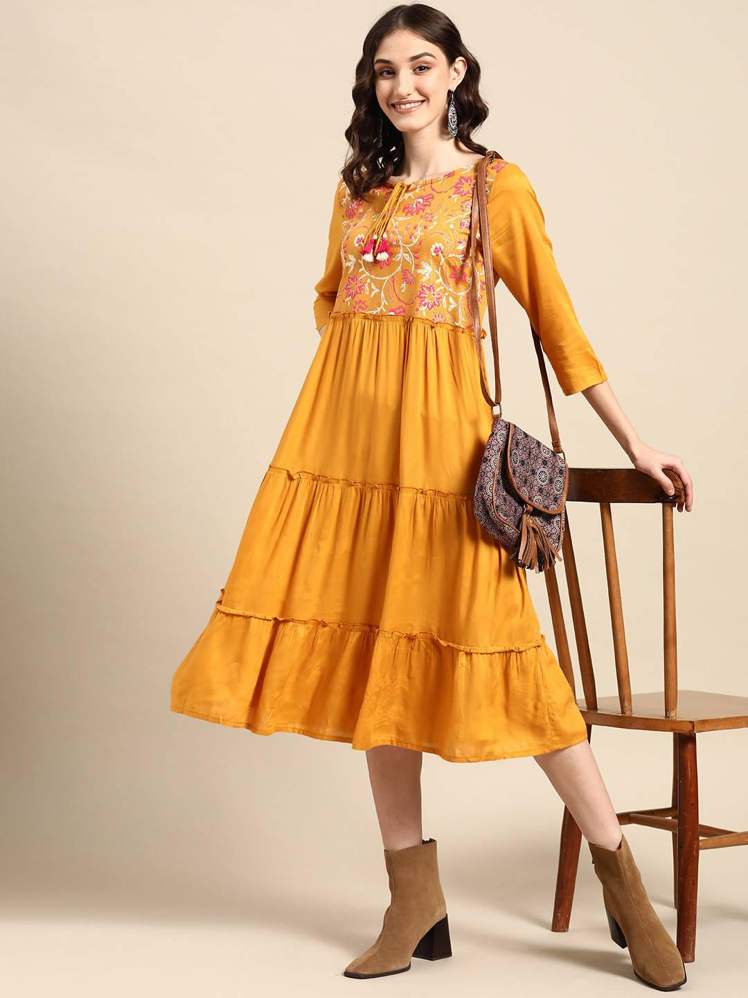 Buy Sangria Mustard Yellow Ethnic Motifs Printed Tiered A Line Midi ...
