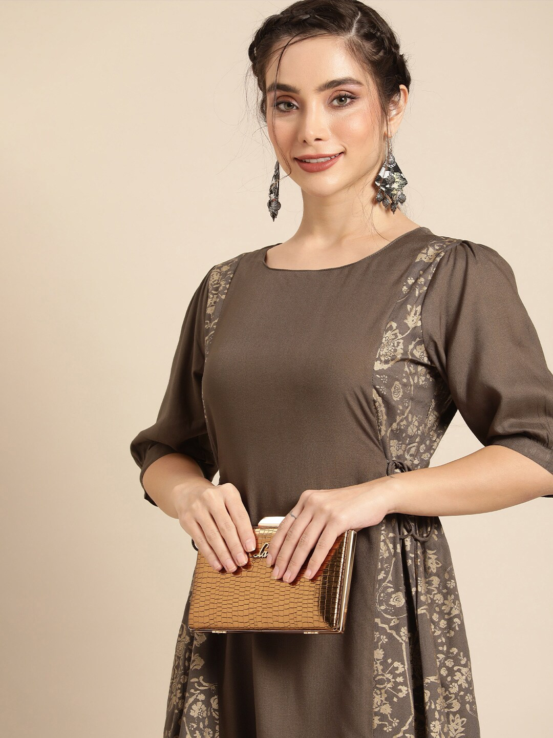 Buy Sangria Women Brown & Gold Toned Floral Ethnic A Line Dress ...