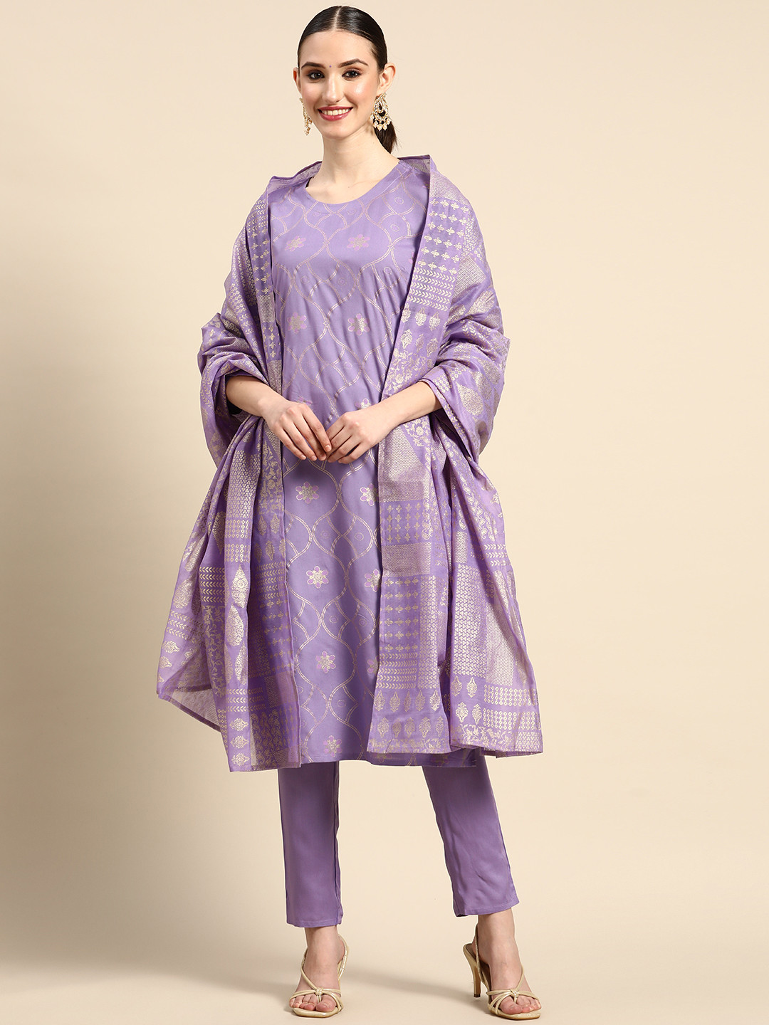 Buy Sangria Women Lavender Ethnic Motifs Printed Kurta With Trousers & With Dupatta - Kurta Sets ...