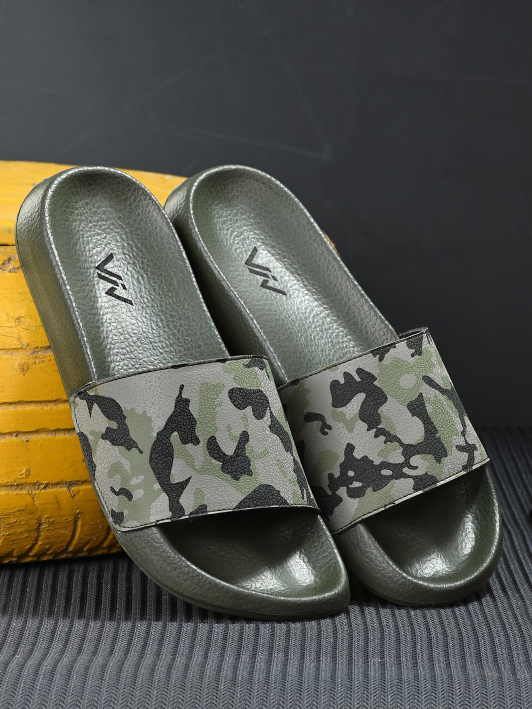 Buy VIV Men Olive Green & Black Printed Camouflage Sliders - Flip Flops ...