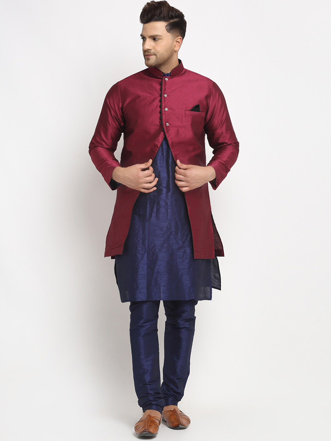 Buy Benstoke Men Navy Blue Dupion Silk Kurta With Churidar - Kurta Sets ...