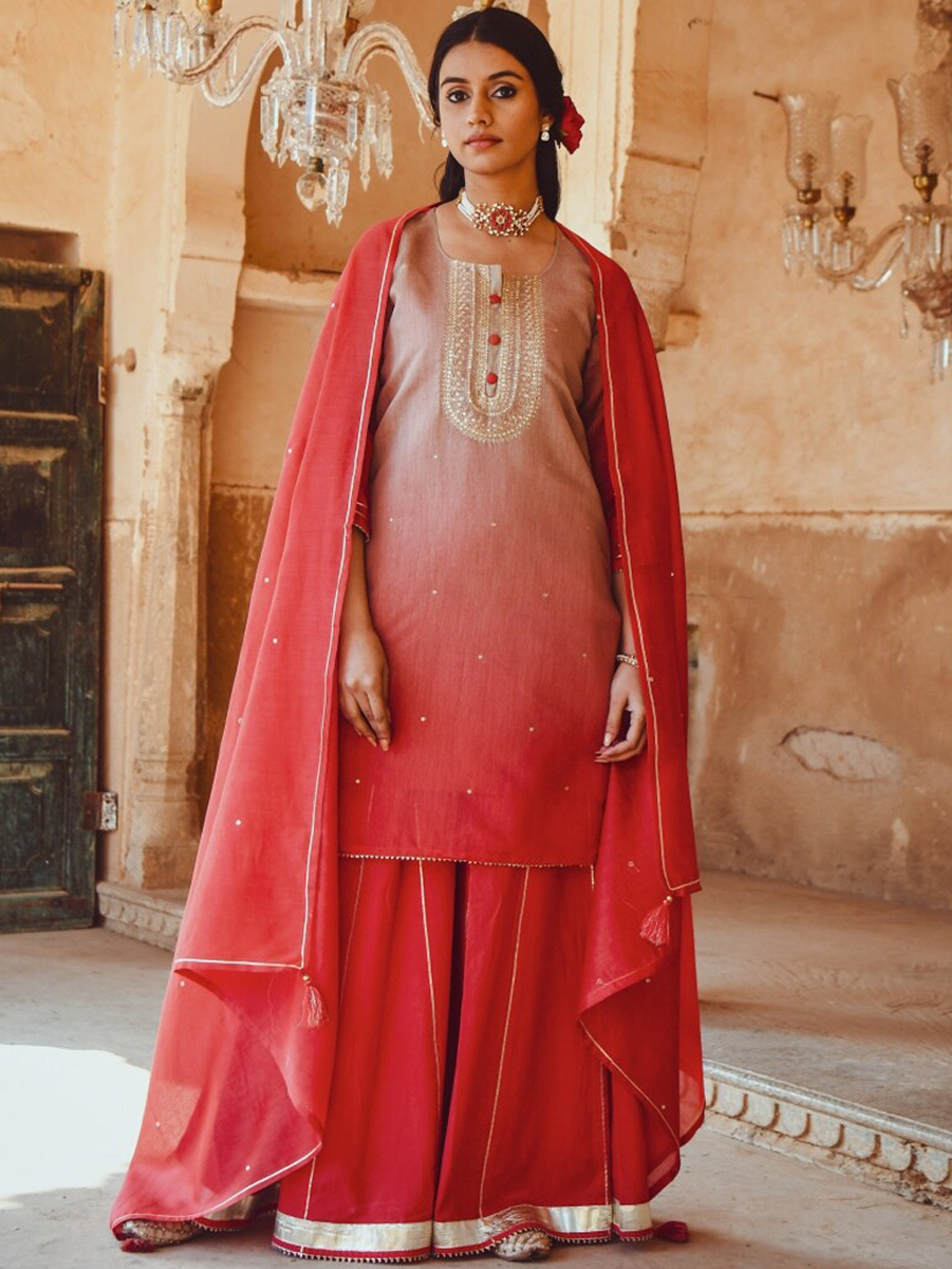 Buy KARAJ JAIPUR Women Red Ethnic Motifs Embroidered Kurta With Sharara ...