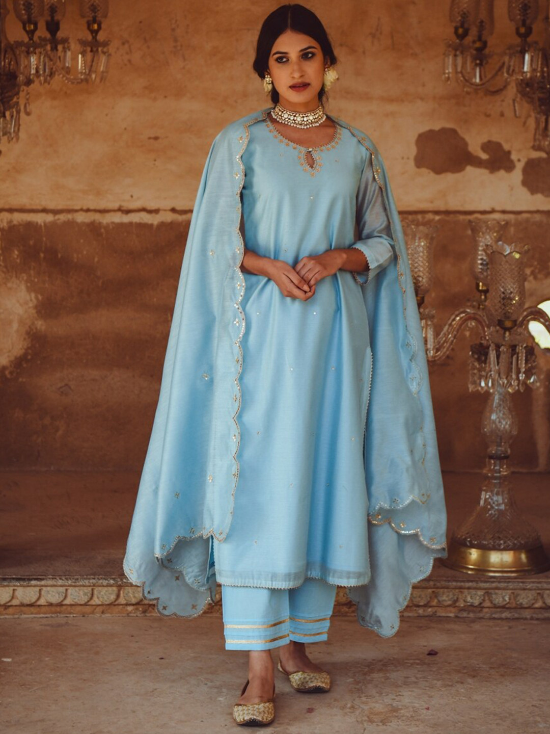 Buy KARAJ JAIPUR Women Blue Kurta With Palazzos & With Dupatta (Set Of ...