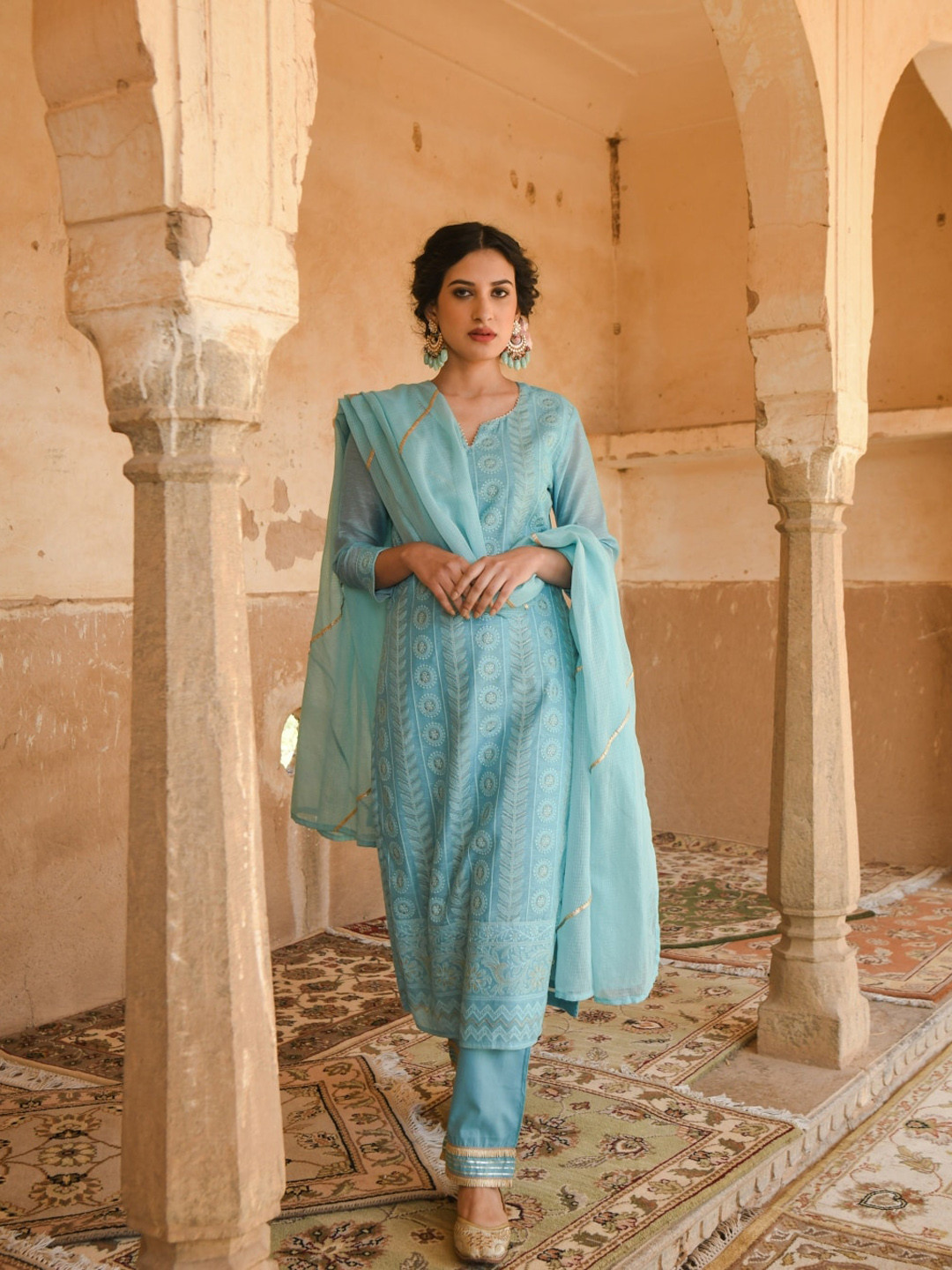 Buy KARAJ JAIPUR Women Blue Ethnic Motifs Kurta With Palazzos & Dupatta ...