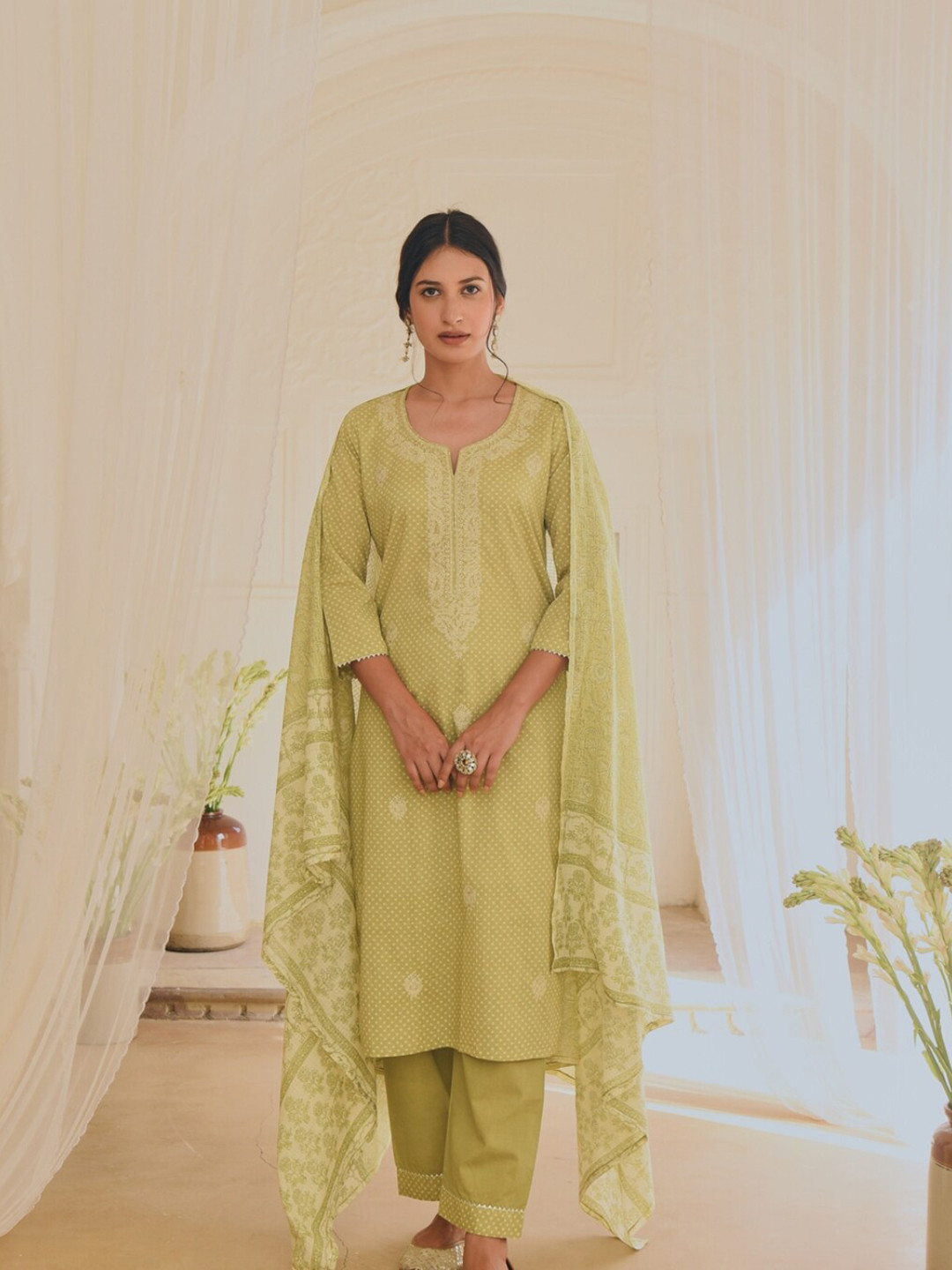 Buy KARAJ JAIPUR Women Green Printed Pure Cotton Kurta With Trousers ...