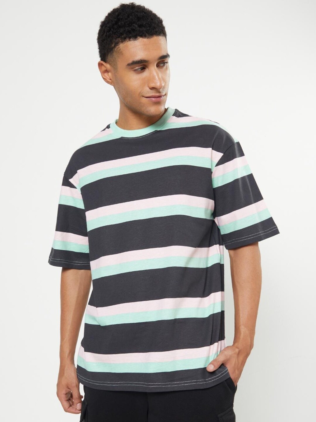 Buy Bewakoof Men Green And Black Striped Oversized T Shirt Tshirts For