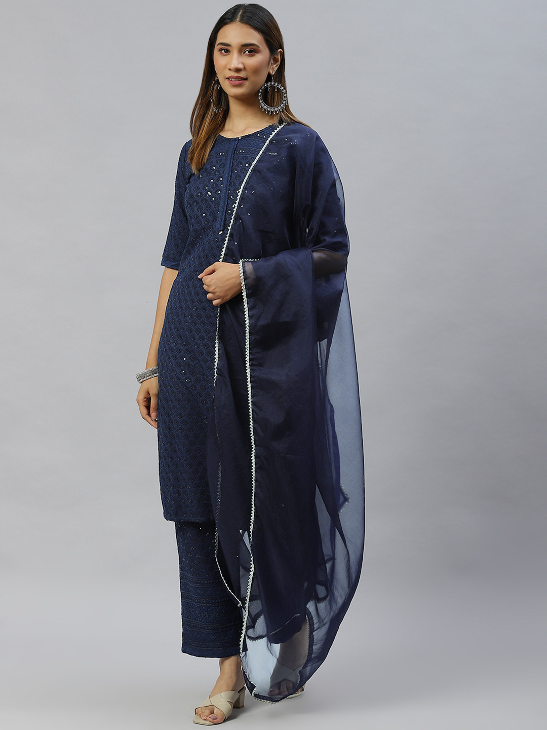 Buy Hatheli Women Navy Blue Ethnic Motifs Embroidered Sequinned Kurta ...