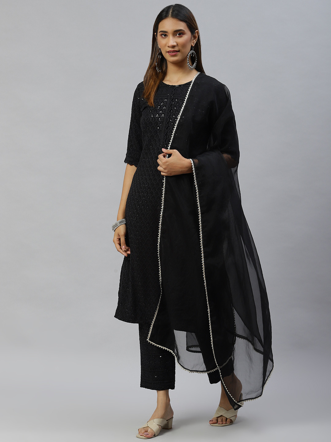 Buy Hatheli Women Black Ethnic Motifs Embroidered Sequinned Kurta With ...