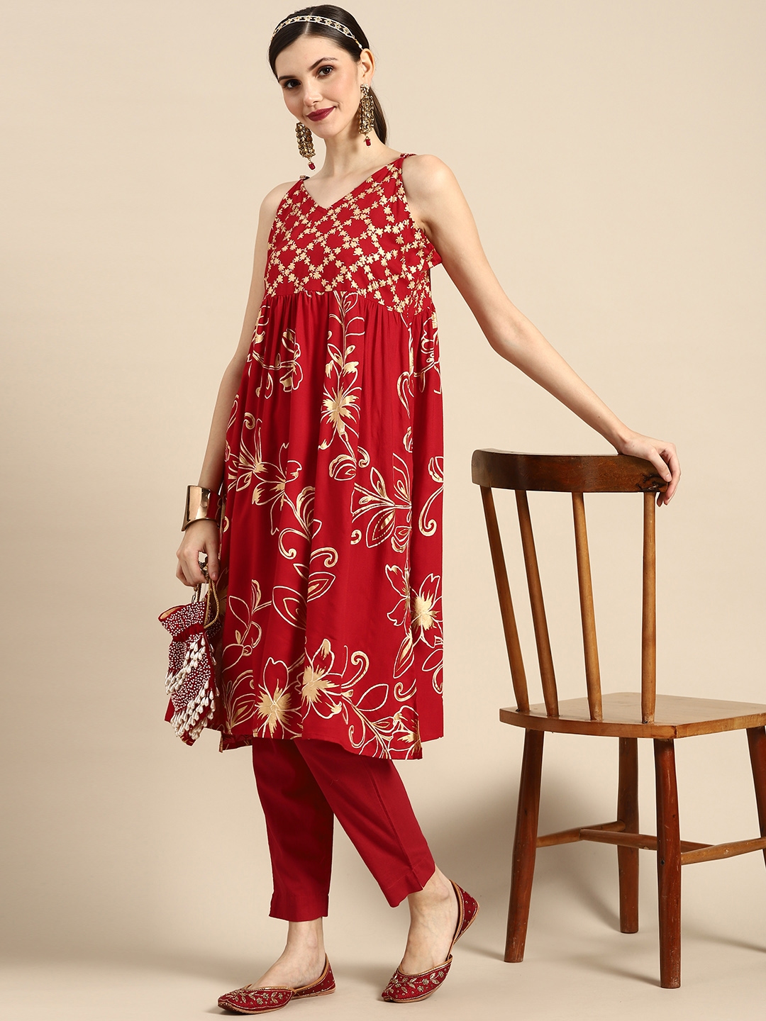 Buy Anouk Women Red And Golden Ethnic Motifs Printed A Line Kurta