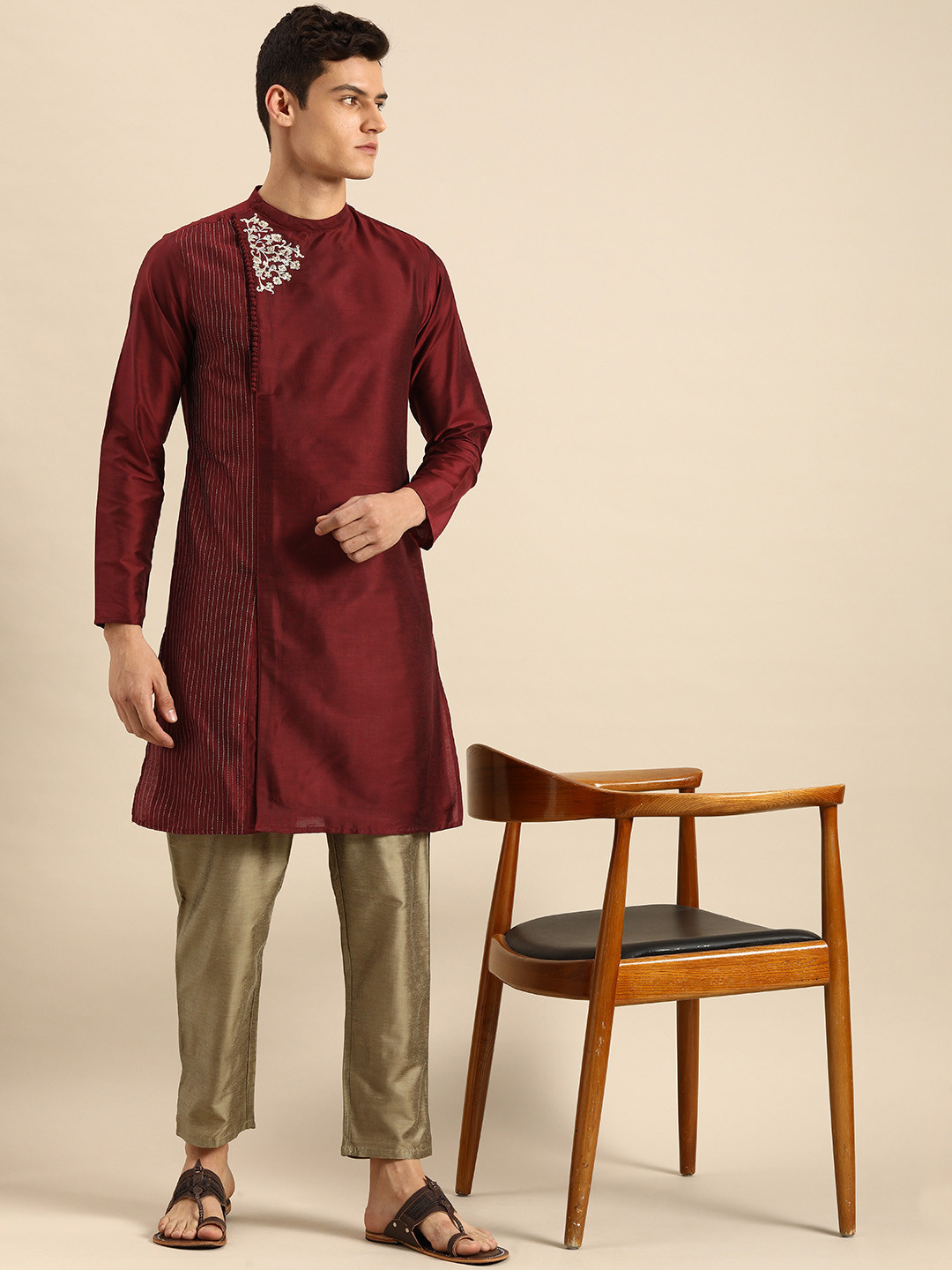 Buy Anouk Men Maroon Embroidered Angrakha Thread Work Kurta With Beige ...