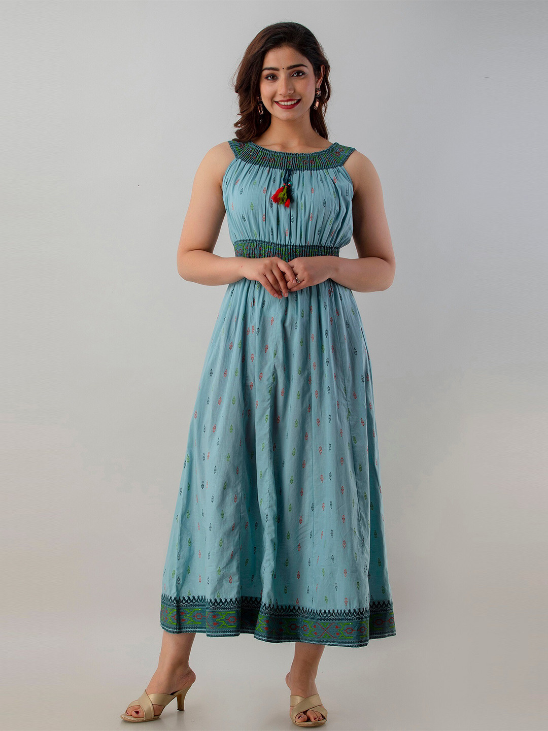 Buy Charu Turquoise Blue Ethnic Motifs Maxi Dress - Dresses for Women ...