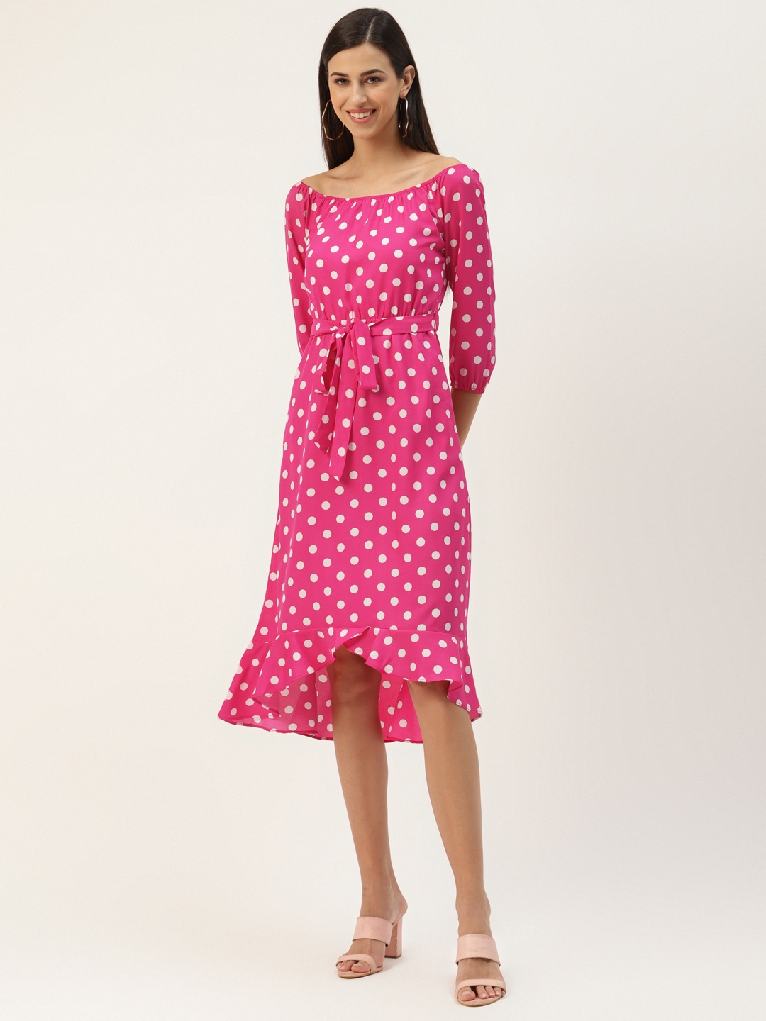 Buy Brinns Pink And White Off Shoulder Printed A Line Midi Dress