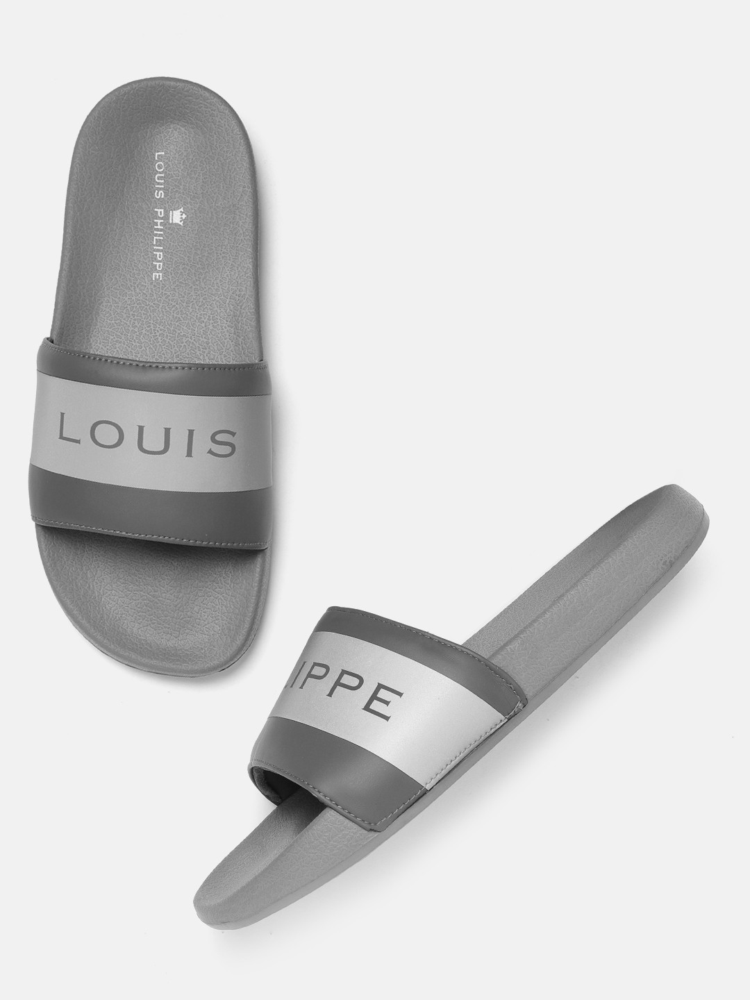 Buy Louis Philippe Men Grey Brand Logo Printed Sliders - Flip Flops for ...
