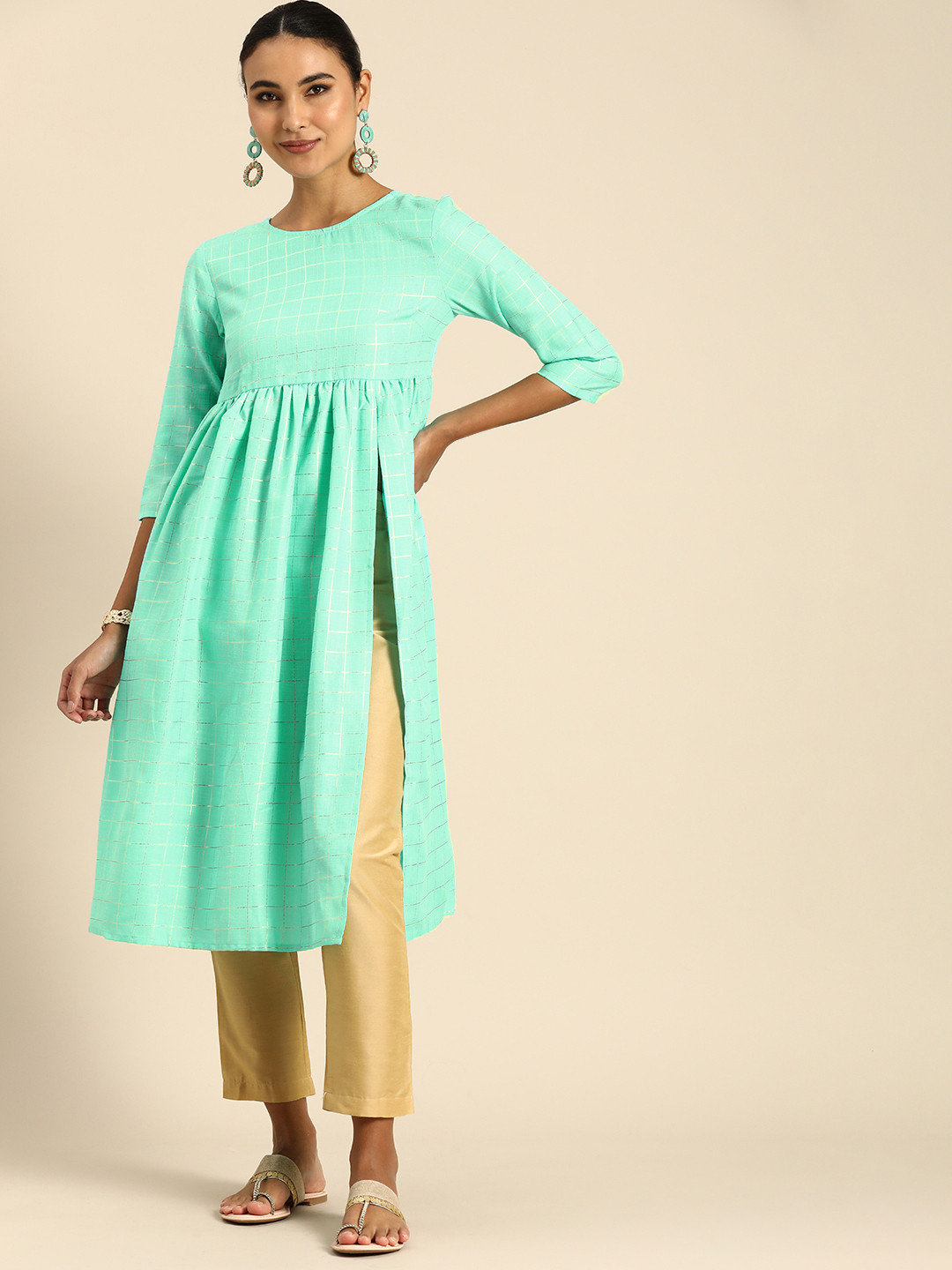 Buy Anouk Women Checked A Line Kurta With Front Slit - Kurtas for Women ...