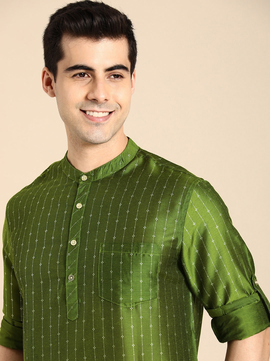 Buy Anouk Men Olive Green & Gold Toned Ethnic Motifs Woven Design Kurta ...