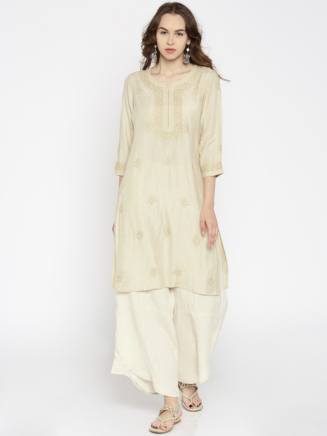 Buy Melange By Lifestyle Women Beige Embroidered Straight Kurta ...